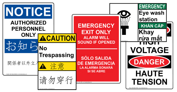 Bilingual Safety Signs - English + Spanish - French - Chinese - More