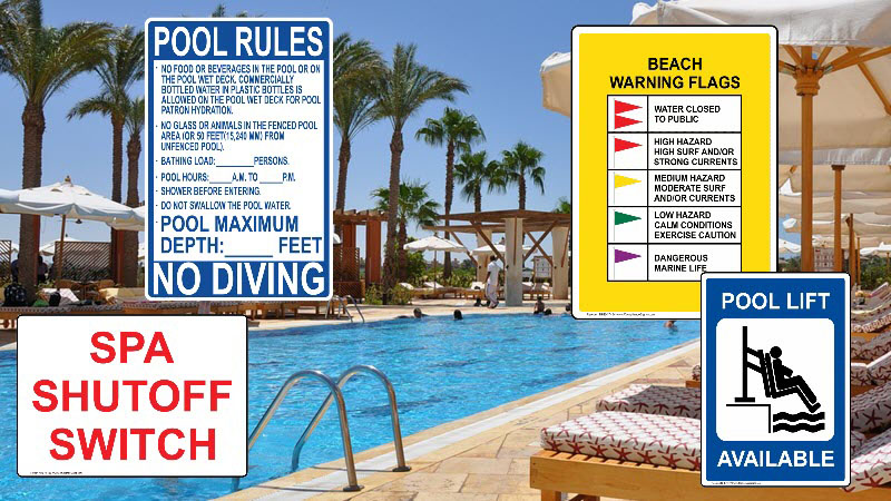 Pool Safety Signs - Rules - Diving - ADA Lift - Spa