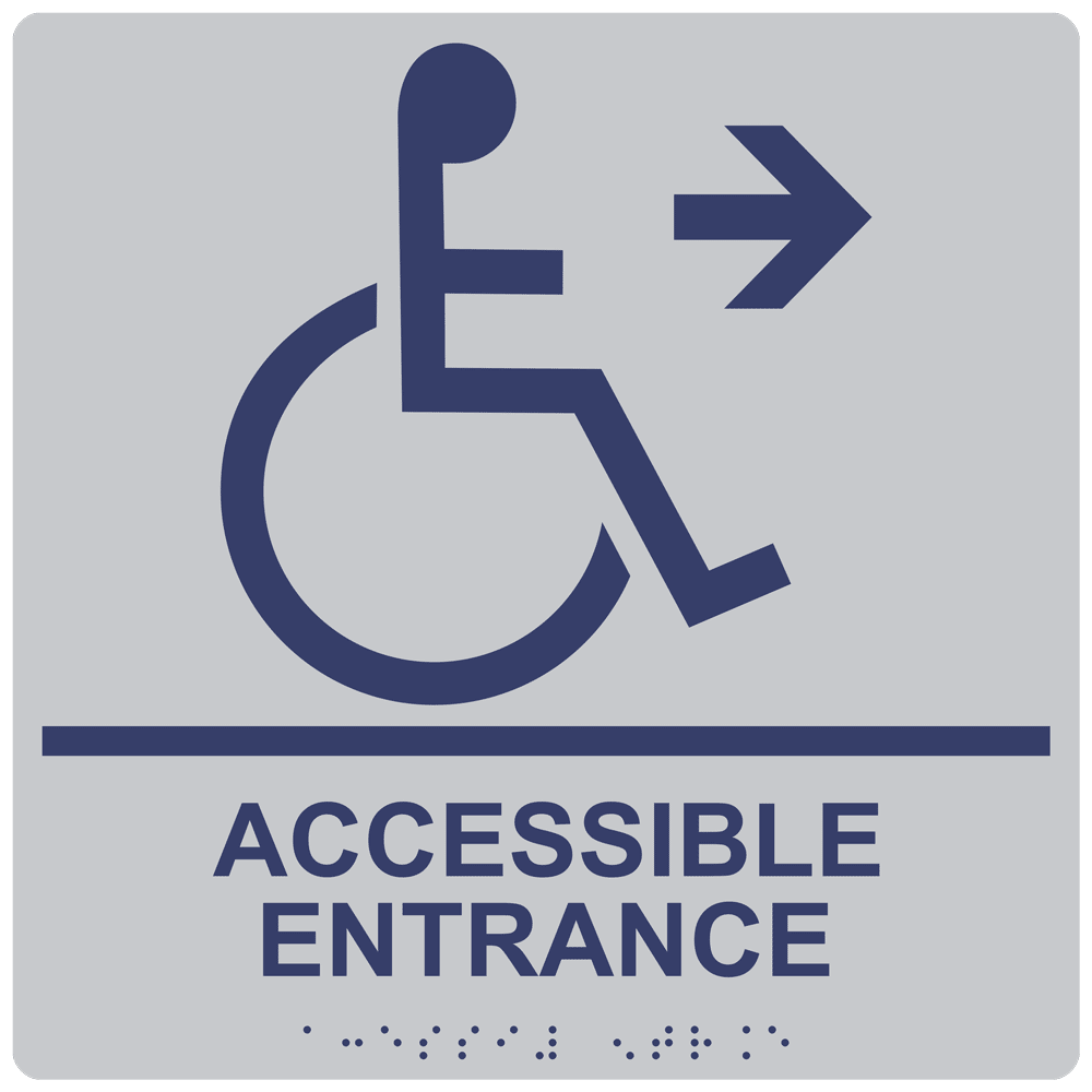 ADA Accessible Entrance Sign With Symbol RRE-32159-99_MRNBLUonSLVR