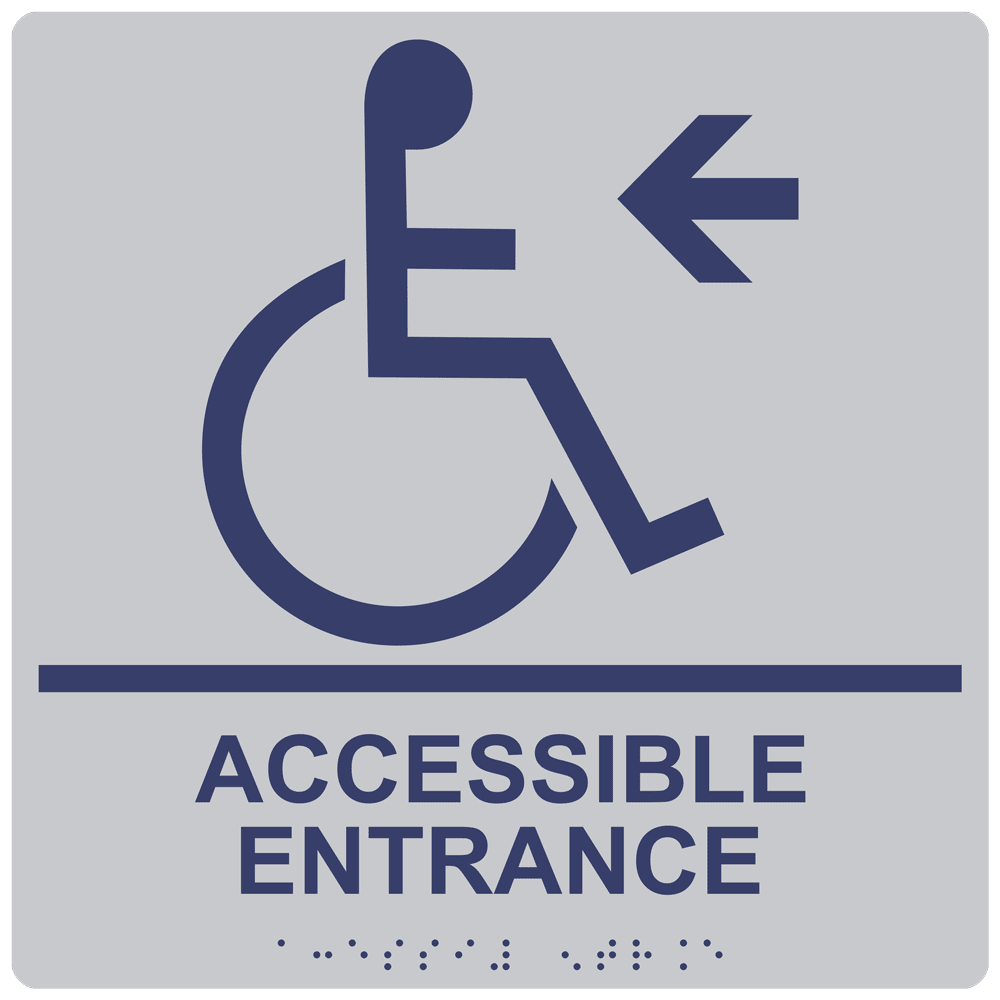 ADA Accessible Entrance Sign With Symbol RRE-32160-99_MRNBLUonSLVR