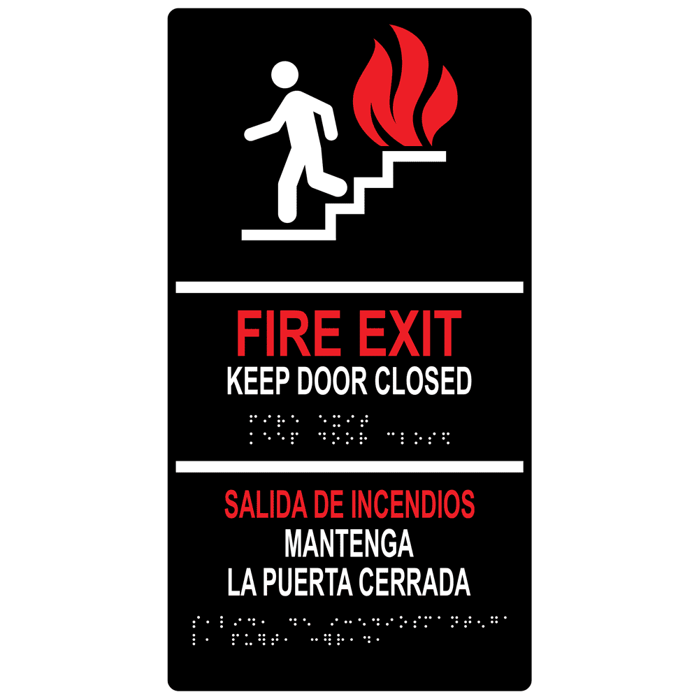 ADA Fire Exit Keep Door Closed Braille Sign RRE-270-MULTI_WHTonBLK