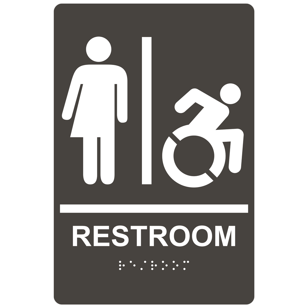 Charcoal Gray Restroom Braille Sign With Dynamic Accessibility Symbol ...