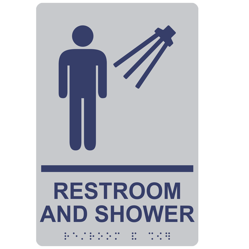 Portrait ADA Restroom And Shower Braille Sign RRE-14821_MRNBLUonSLVR