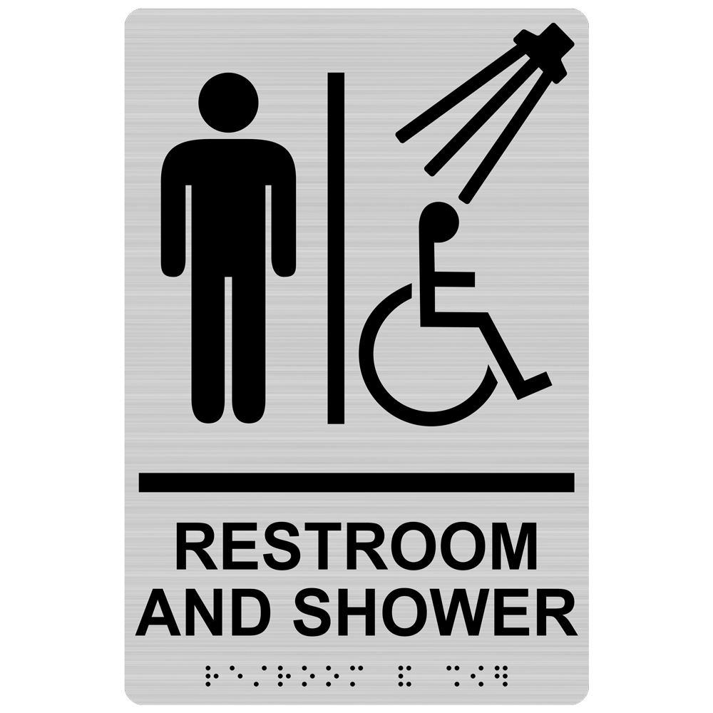 Portrait ADA Restroom And Shower Sign RRE-14822_BLKonBRSLVR