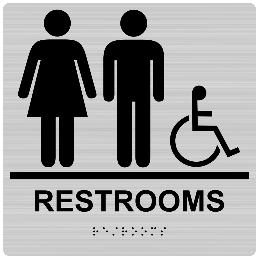 ADA Restrooms (Braille = Restrooms) Sign RRE-115-99_BLKonBRSLVR