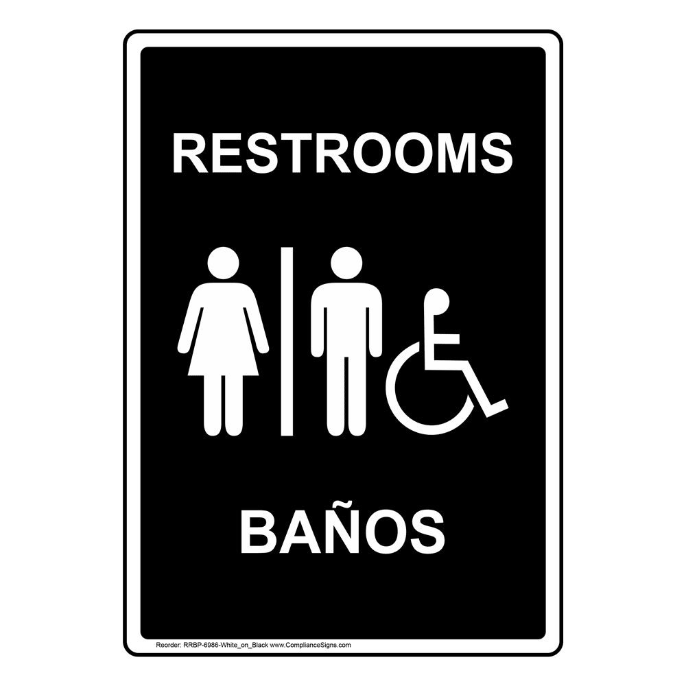 Restrooms - Baños Sign With Symbol RRBP-6986-WHTonBLK Restrooms