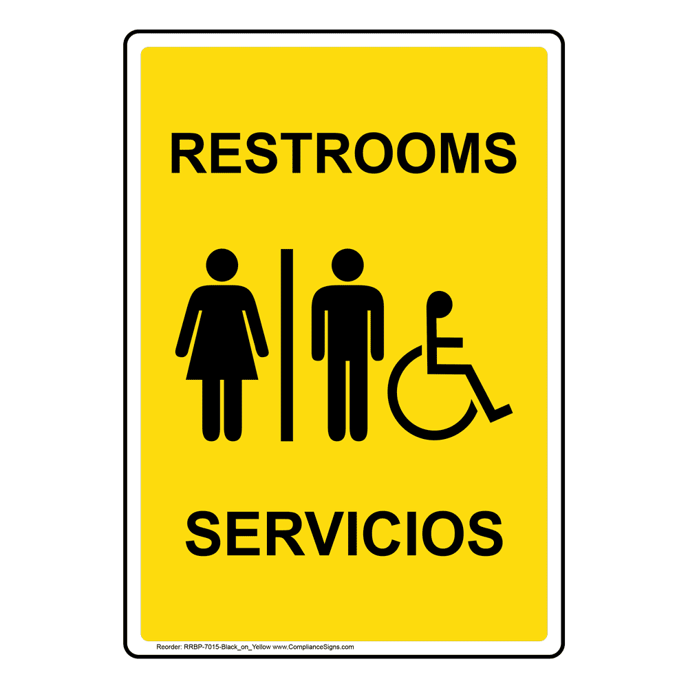 Restrooms - Servicios Sign with Symbol RRBP-7015-BLKonYLW Restrooms