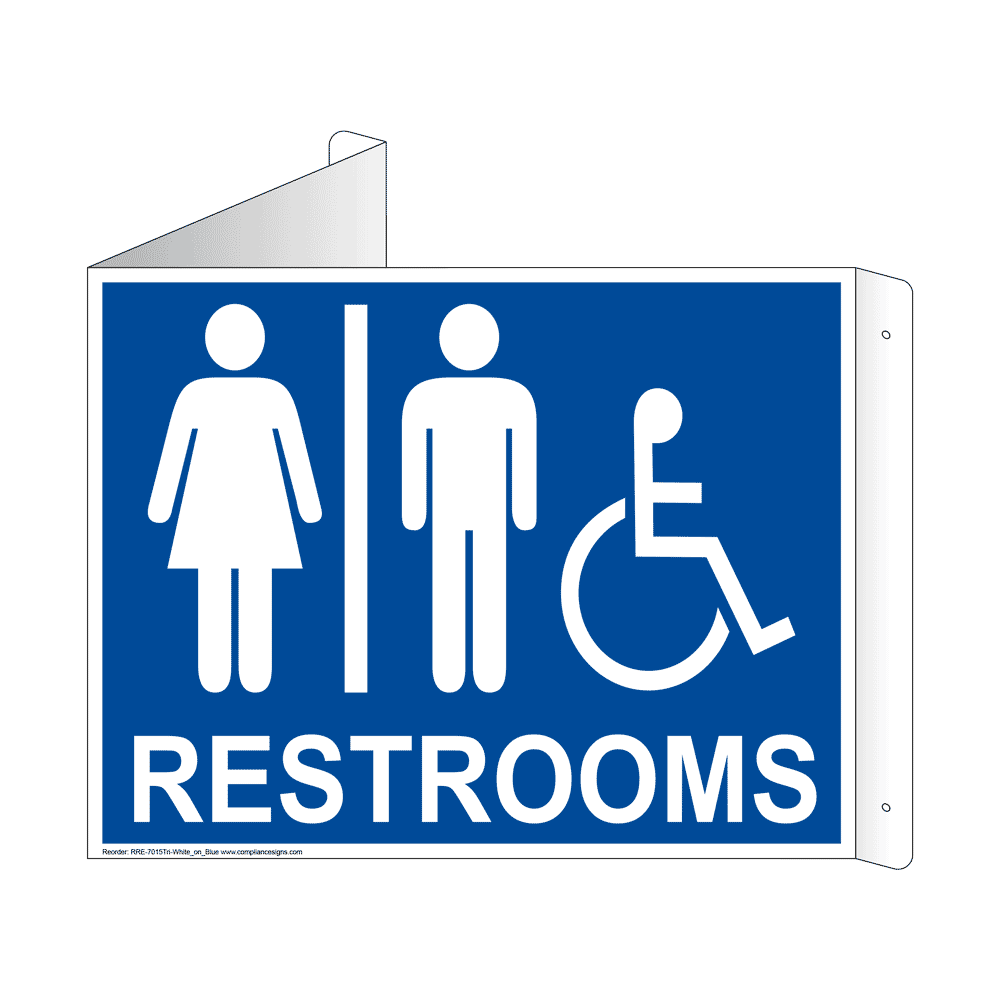 Restrooms White on Blue Sign With Symbol RRE-7015Tri-WHTonBLU Restrooms