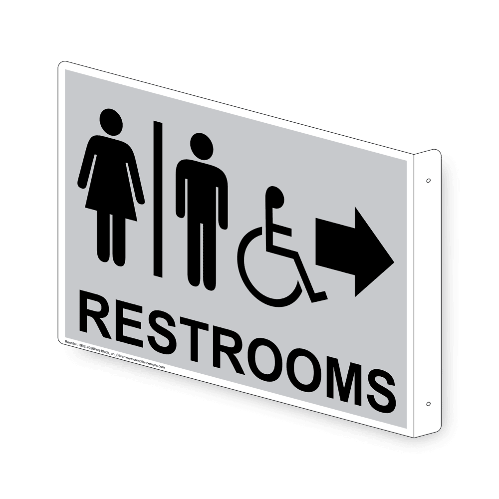Restrooms Black on Silver Sign With Symbol RRE-7020Proj-BLKonSLVR Restrooms