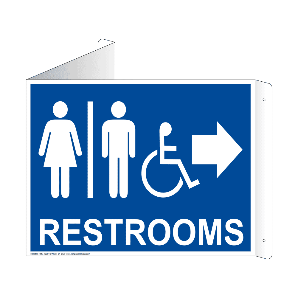 Restrooms White on Blue Sign With Symbol RRE-7020Tri-WHTonBLU Restrooms
