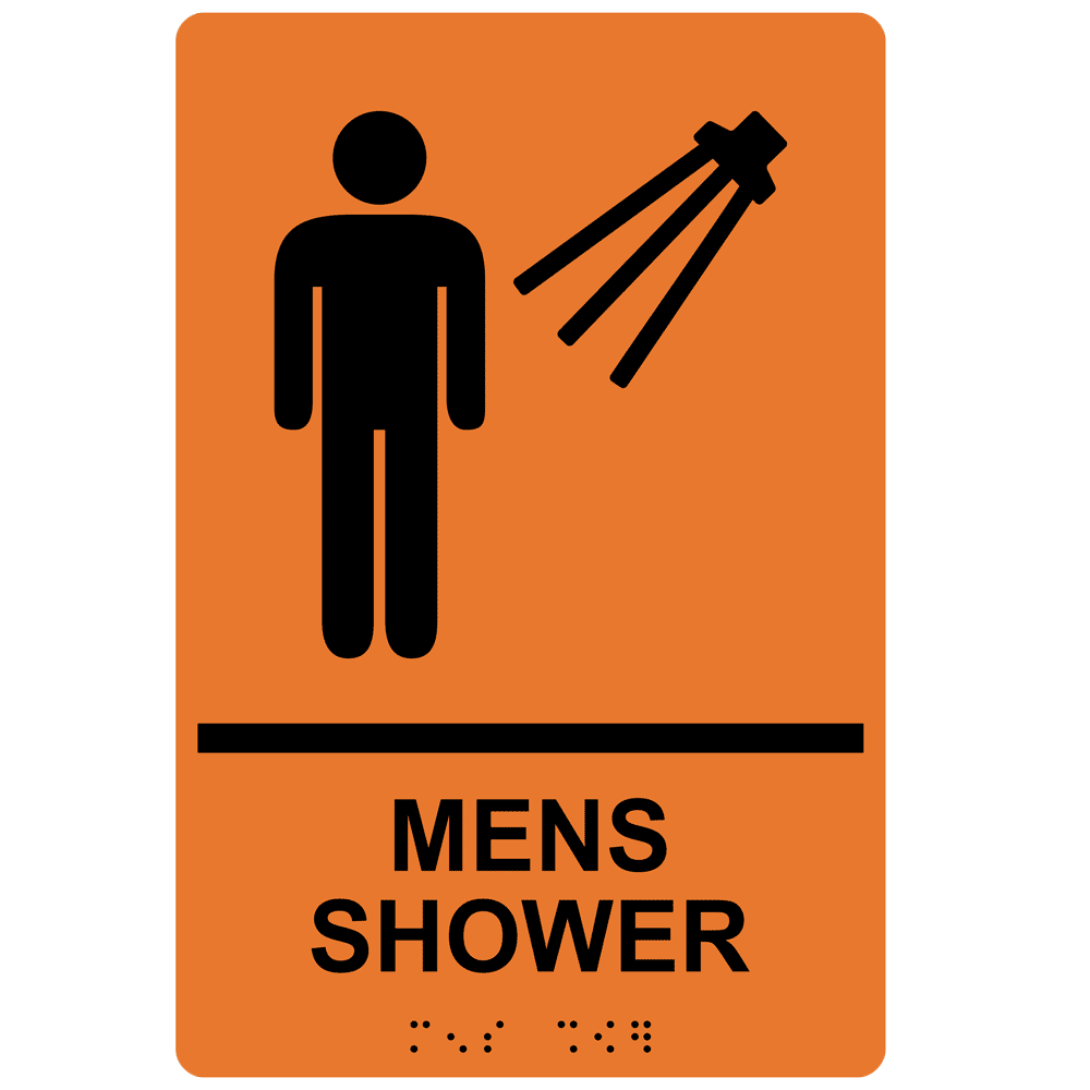 Portrait ADA Mens Shower Braille Sign RRE-14808_BLKonORNG