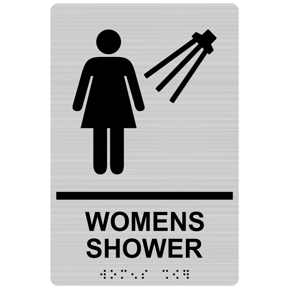 Portrait ADA Womens Shower (Braille Sign RRE-14859_BLKonBRSLVR