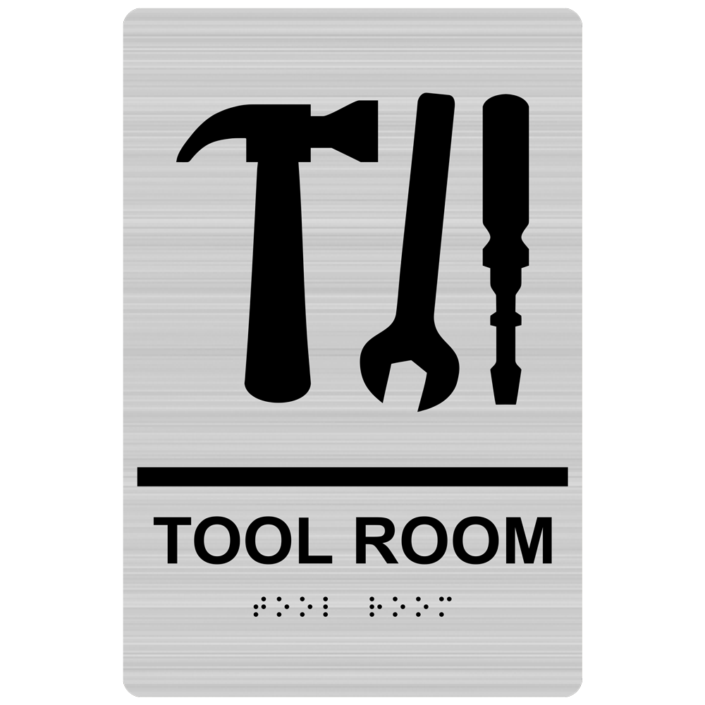 Portrait ADA Tool Room (Braille = Tool Room) Sign RRE-865_BLKonBRSLVR