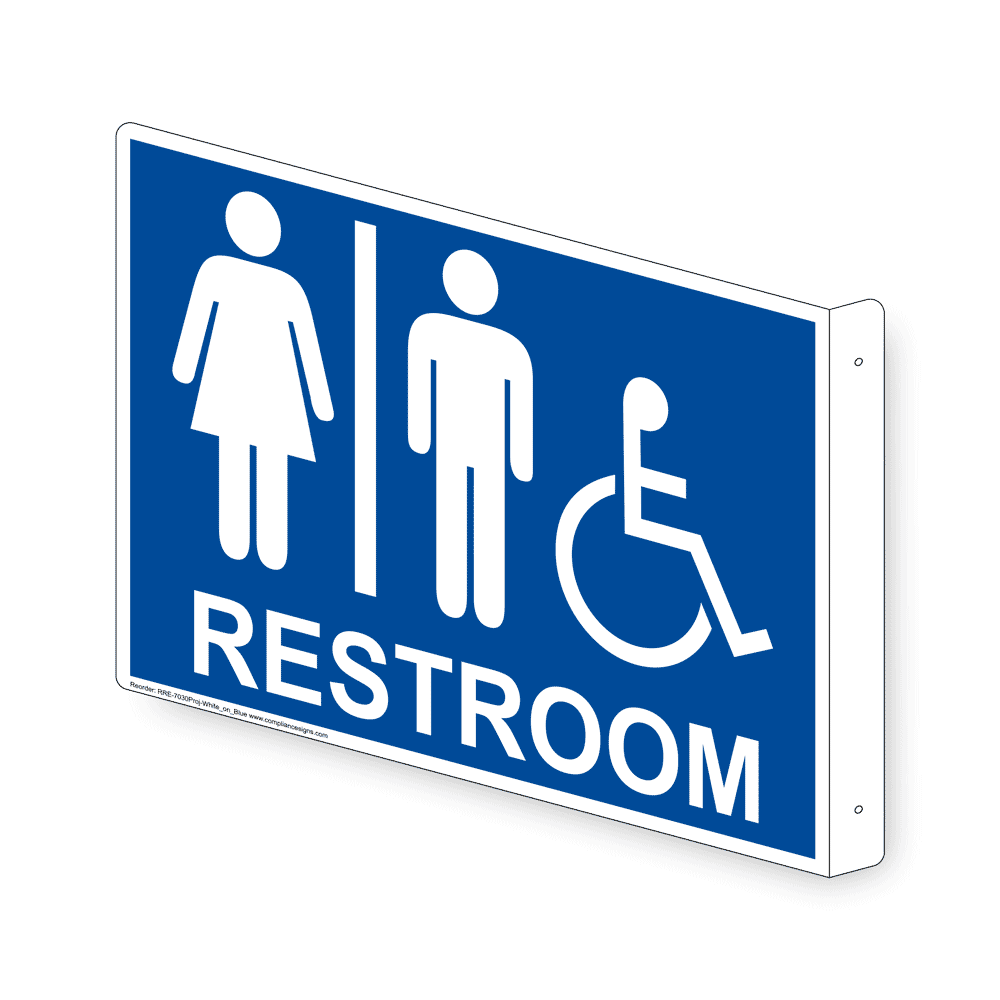 Restroom White on Blue Sign With Symbol RRE-7030Proj-WHTonBLU Restrooms