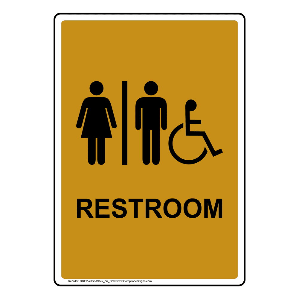 Portrait Restroom Sign With Symbol RREP-7030-BLKonGLD Restrooms