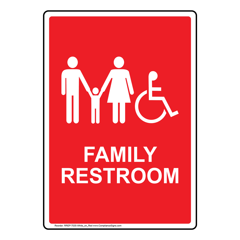 Portrait Family Restroom Sign With Symbol RREP-7035-WHTonRed Restrooms