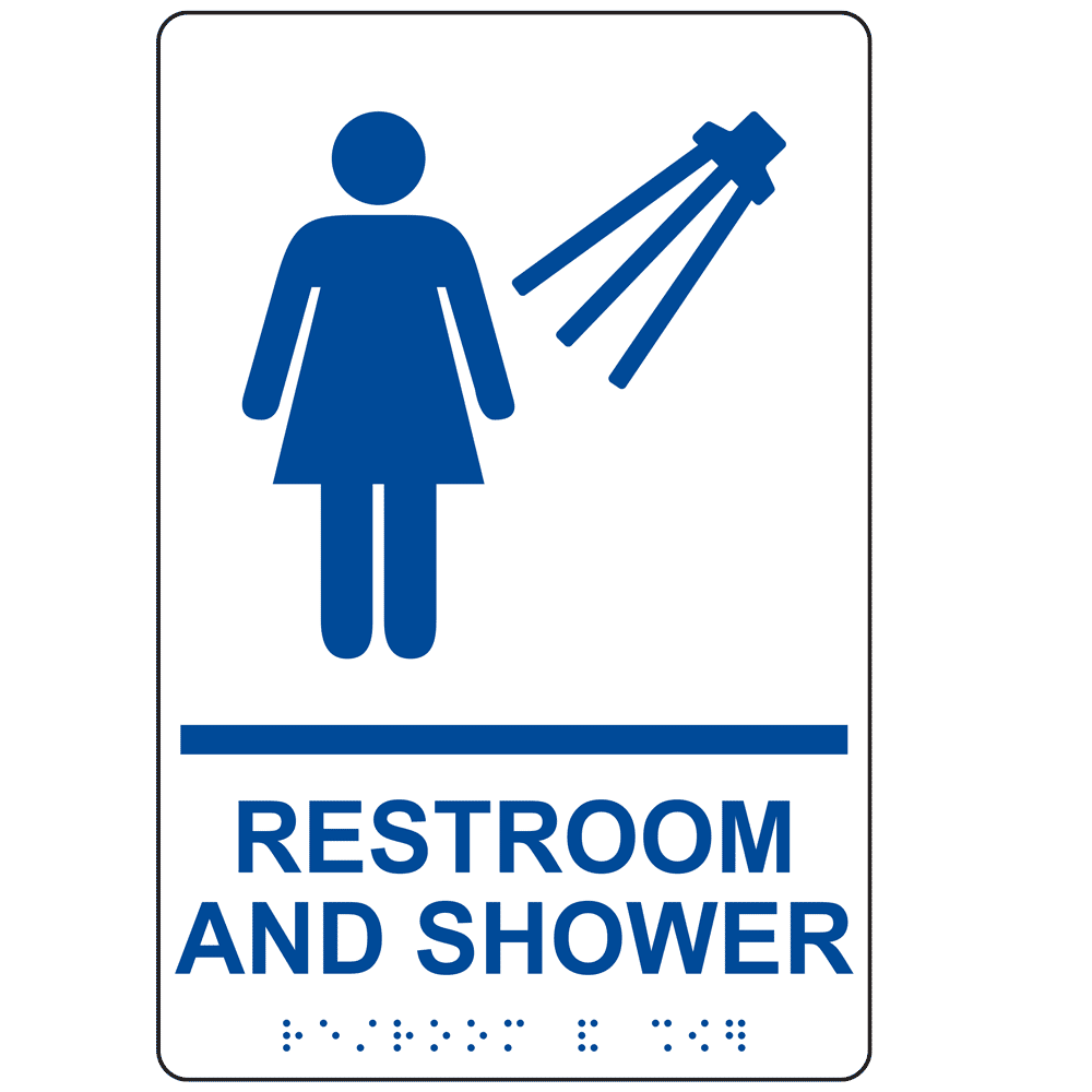 Portrait ADA Restroom And Shower Braille Sign RRE-14823_BLUonWHT