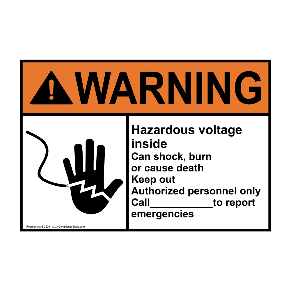 ANSI WARNING Hazardous Voltage Inside Sign With Symbol AWE-25261