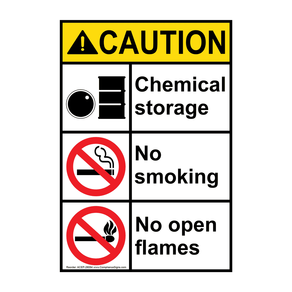 Portrait ANSI CAUTION Chemical Storage No Smoking No Flames Sign ACEP-28084