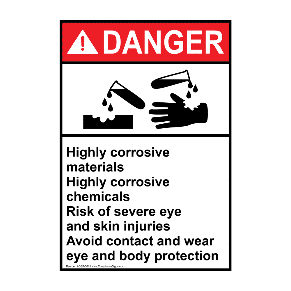 Portrait ANSI DANGER Highly Corrosive Materials Chemicals Sign ADEP ...
