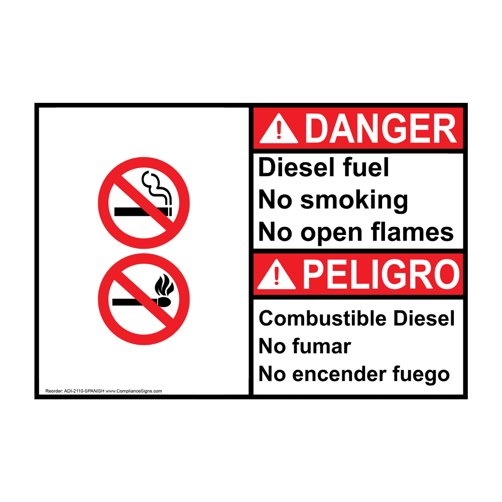 ANSI English + Spanish Diesel Fuel No Smoking Sign ADI-2110-SPANISH ANSI English + Spanish Diesel Fuel No Smoking Sign ADI-2110-SPANISH