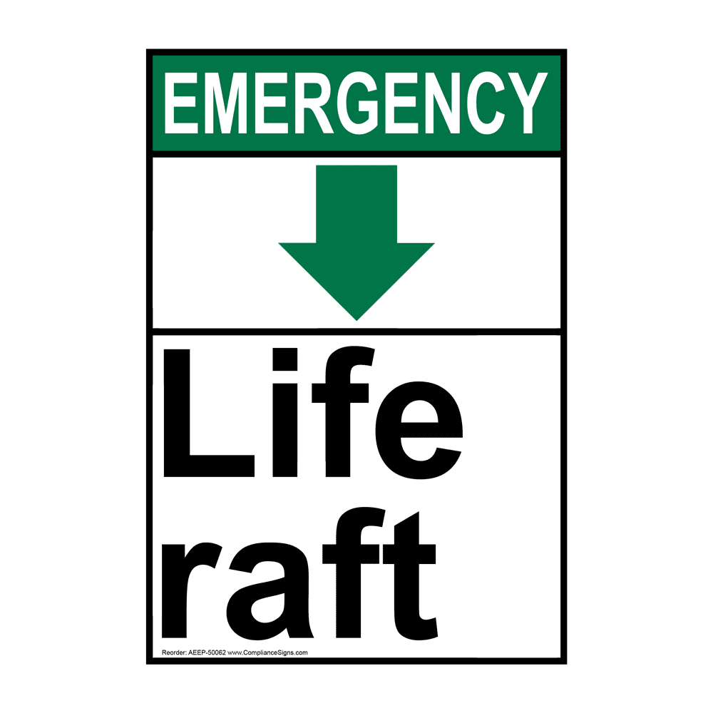 Portrait ANSI Life Raft [With Down Arrow] Sign With Symbol AEEP-50062