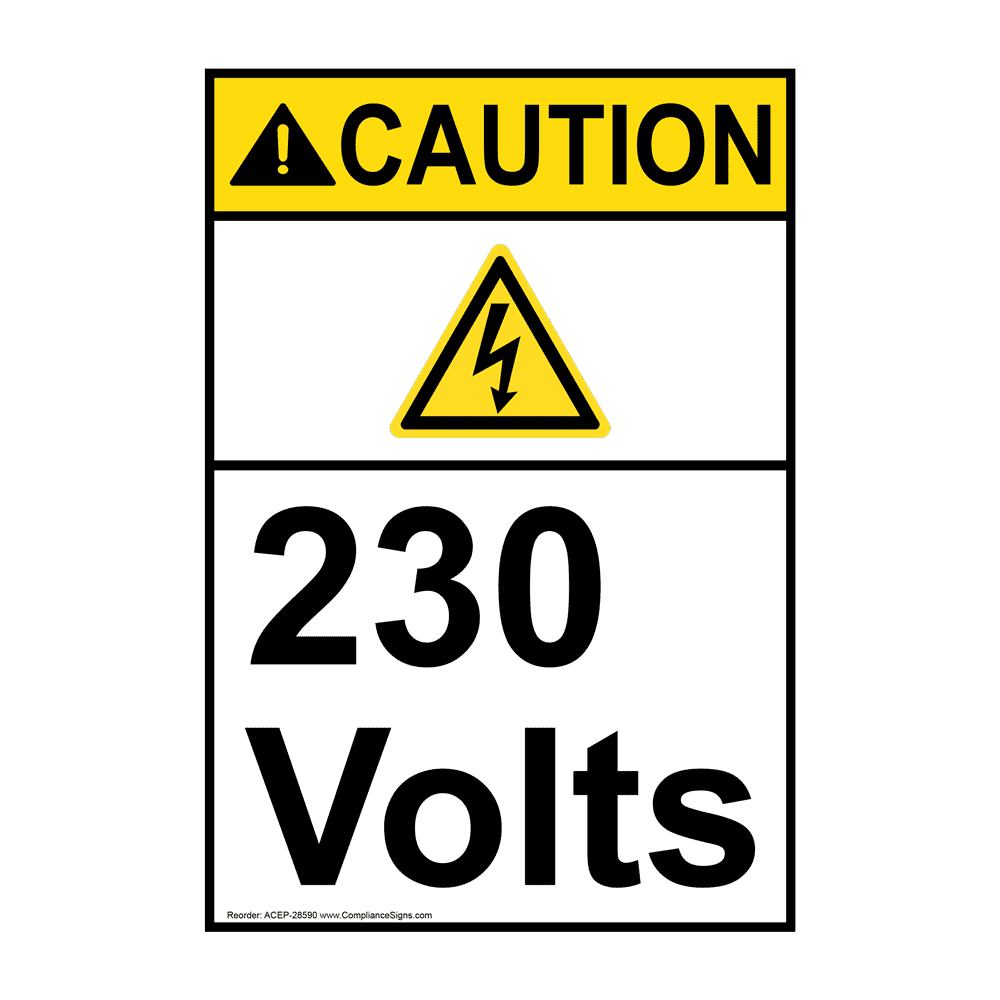 Portrait ANSI 230 Volts Sign With Symbol ACEP-28590