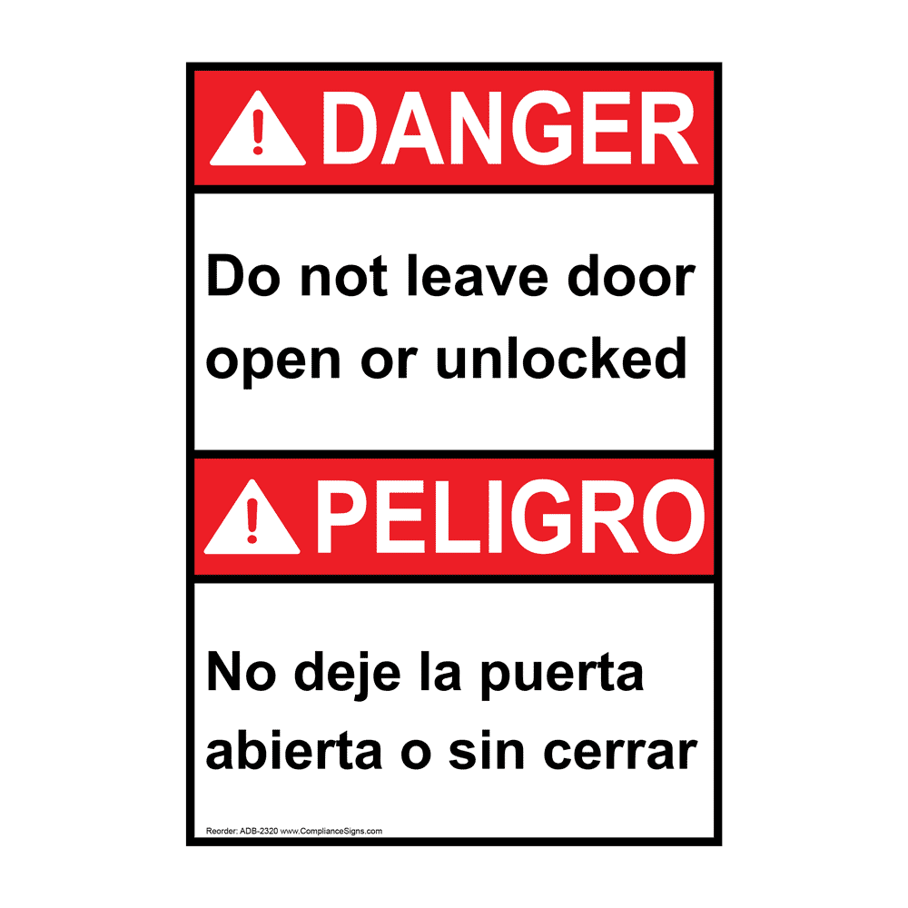 ANSI DANGER Do Not Leave Door Open Or Unlocked Bilingual Sign ADB 2320 ansi-danger-do-not-leave-door-open-or-unlocked-bilingual-sign-adb-2320