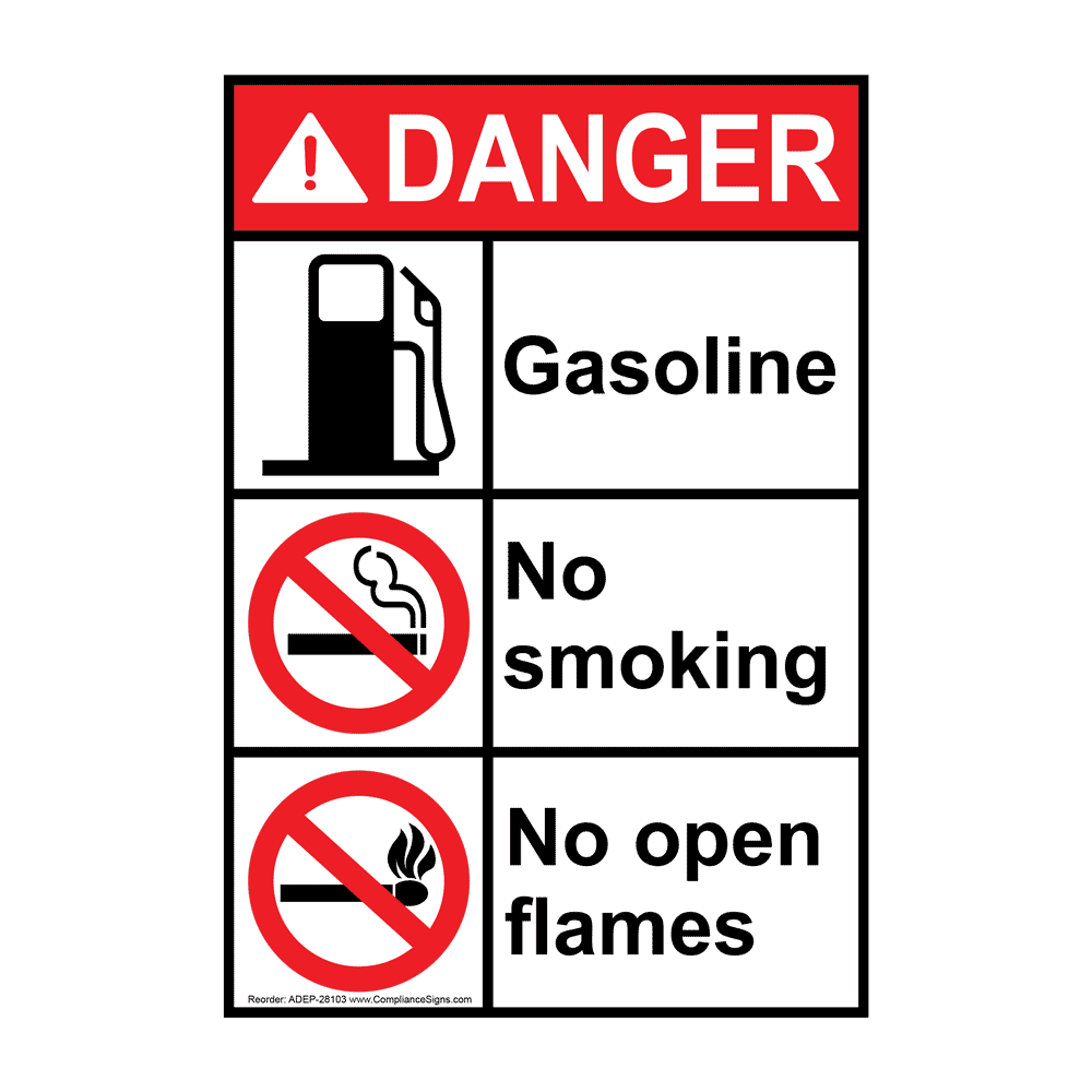 Portrait ANSI DANGER Gasoline No Smoking No Open Flames Sign ADEP-28103 ...