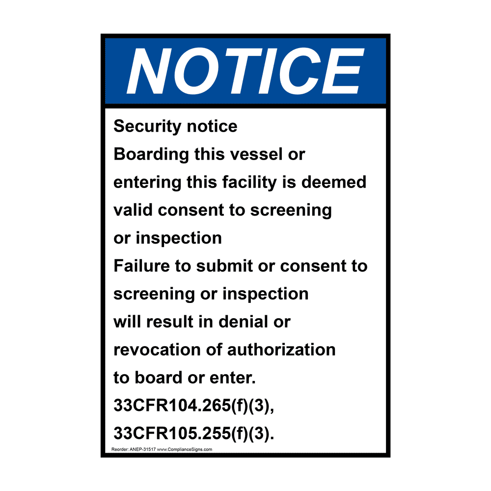 Portrait Security Notice Boarding This Vessel Sign NHEP-31517