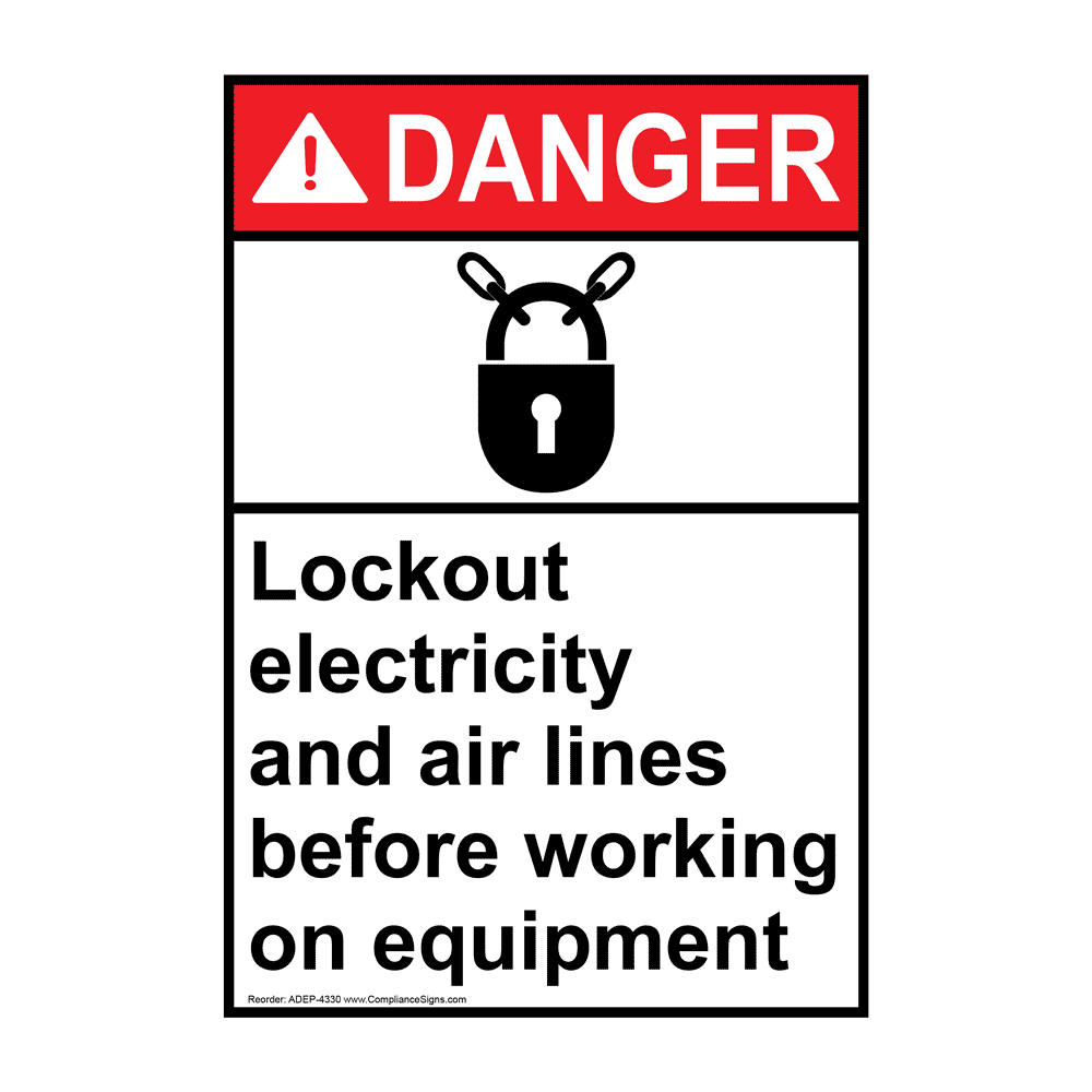 Portrait ANSI DANGER Lockout Electricity And Air Lines Sign ADEP-4330 ...