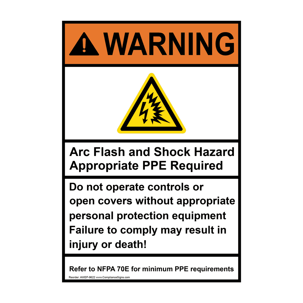 Portrait ANSI WARNING Arc Flash And Shock Hazard PPE Required Sign AWEP ...