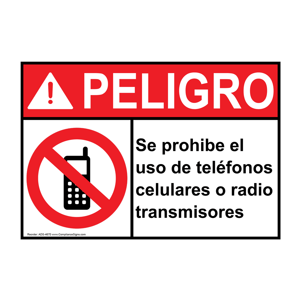 ANSI DANGER No Cellular Phones Or 2 Way Radios Spanish Sign ADS 4670 ansi-danger-no-cellular-phones-or-2-way-radios-spanish-sign-ads-4670
