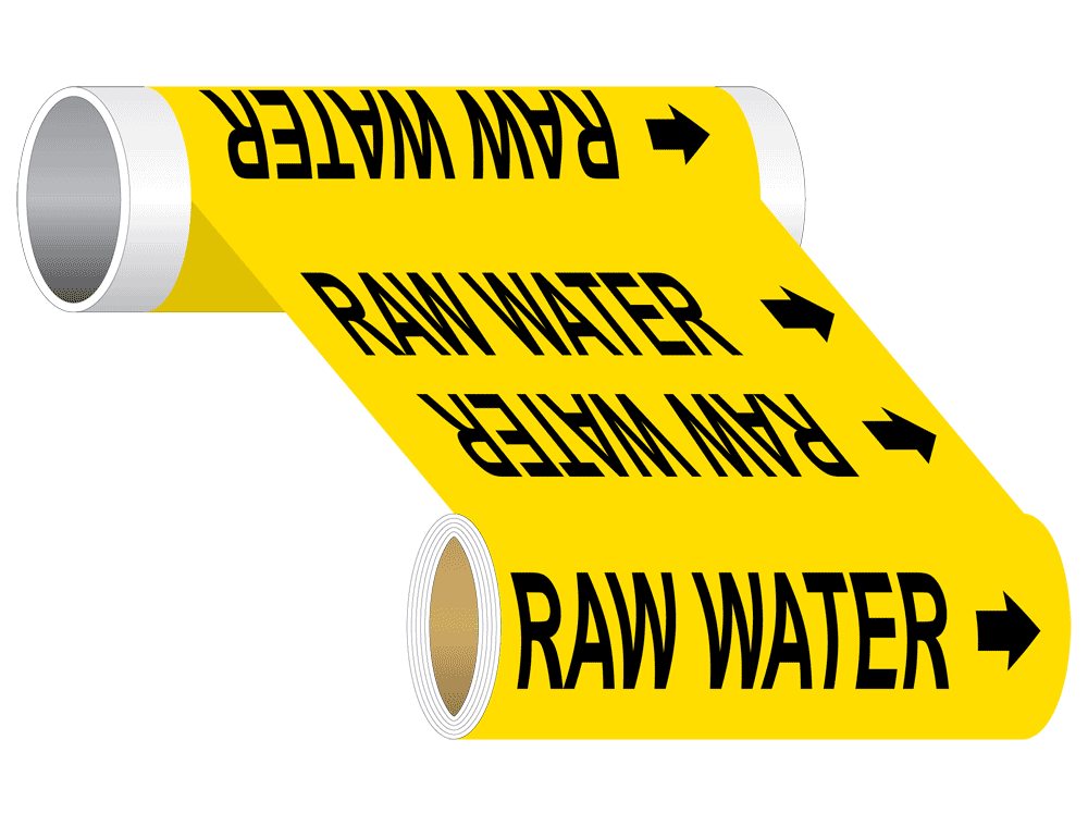 ASME A13.1 Raw Water Wide Pipe Label PIPE-24050-WR-BLKonYLW