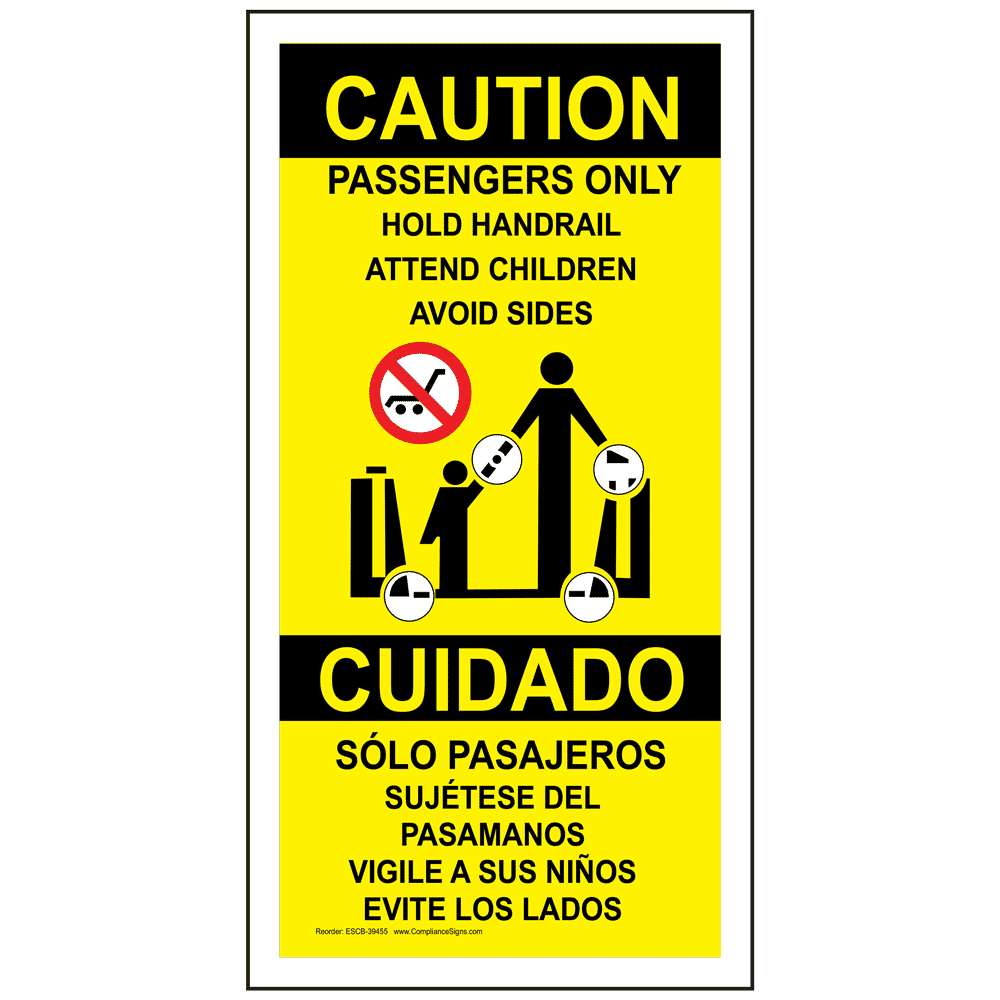 Caution Hold Handrail Attend Children Avoid Sides Bilingual Escalator ...