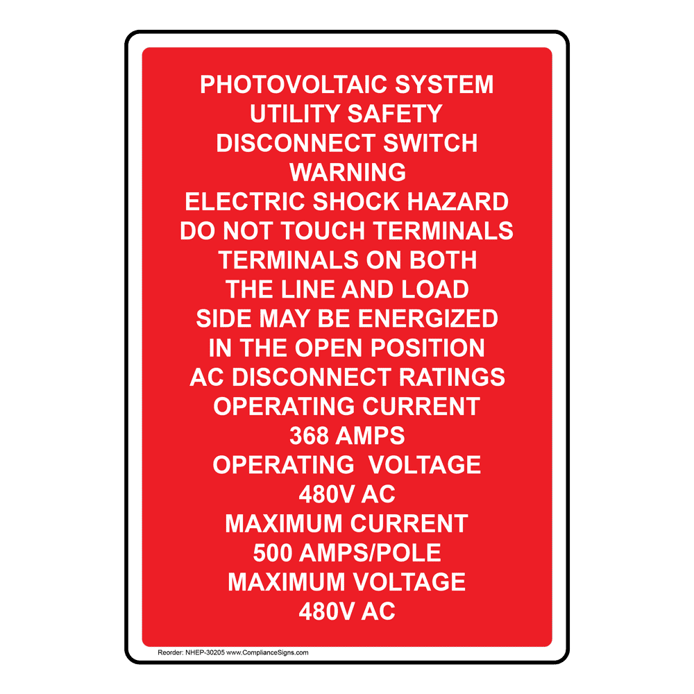 Portrait Photovoltaic System Utility Safety Sign NHEP-30205
