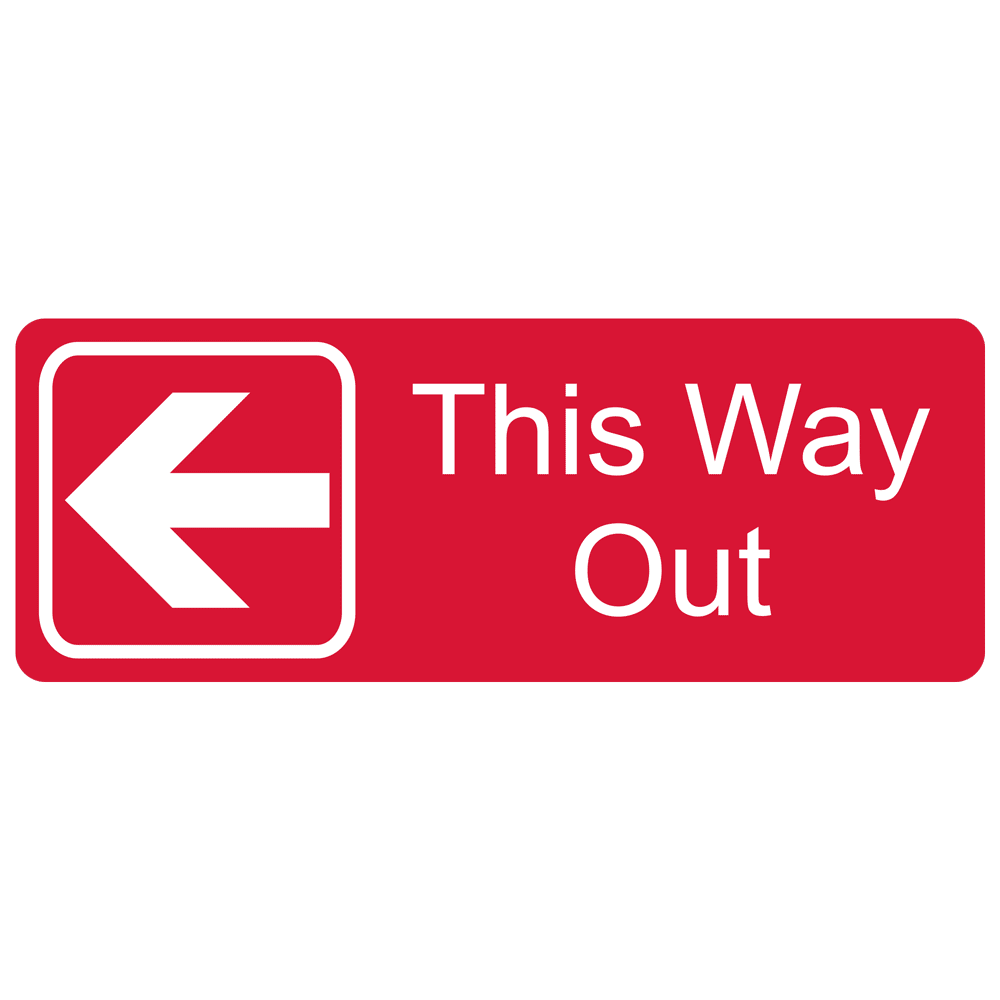 This Way Out With Left Arrow Engraved Sign EGRE-610-SYM-WHTonRed Exit