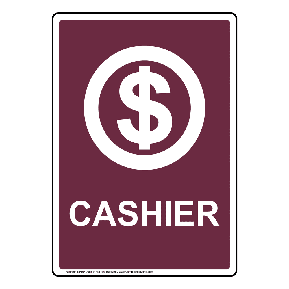 Portrait Cashier Sign With Symbol NHEP-9655-White_on_Burgundy