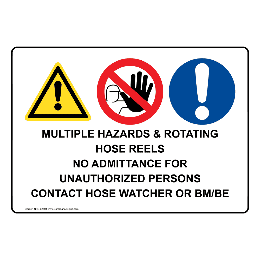 Multiple Hazards And Rotating Hose Sign With Symbol NHE-32591