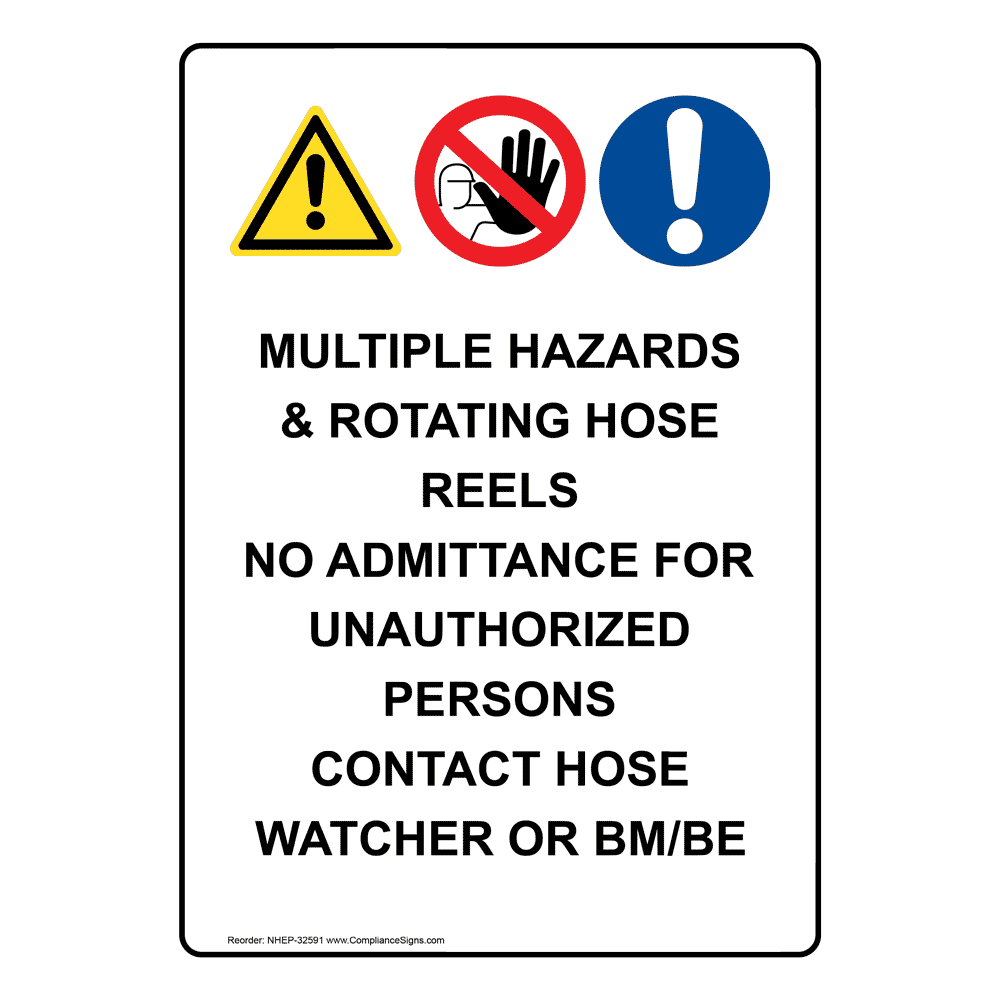 Multiple Hazards And Rotating Hose Sign With Symbol NHE-32591