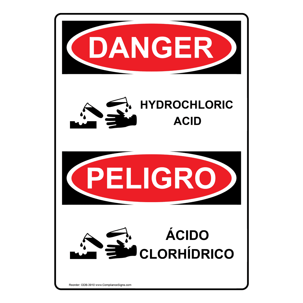 OSHA DANGER Hydrochloric Acid Bilingual Sign ODB-3910 Hazmat