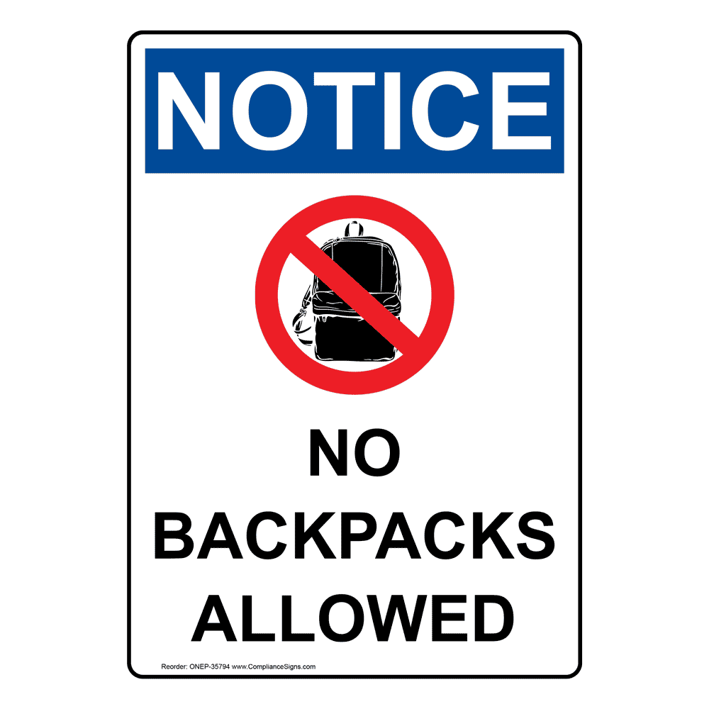 Portrait OSHA No Backpacks Allowed Sign With Symbol ONEP 35794 portrait-osha-no-backpacks-allowed-sign-with-symbol-onep-35794