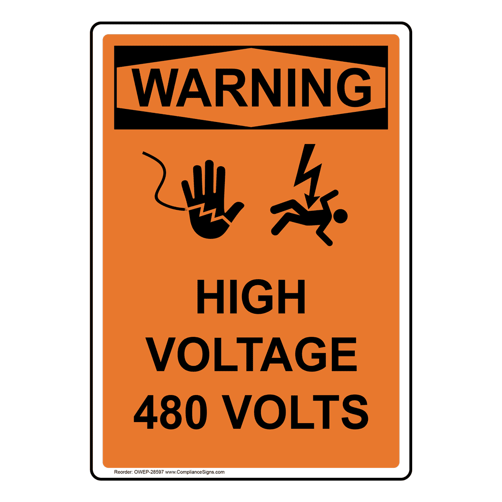 Portrait OSHA High Voltage 480 Volts Sign With Symbol OWEP-28597