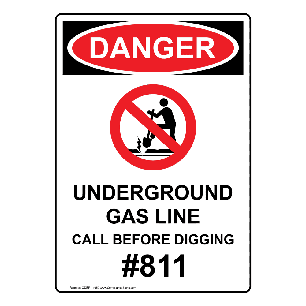 Portrait OSHA Underground Gas Line Sign With Symbol ODEP-14052