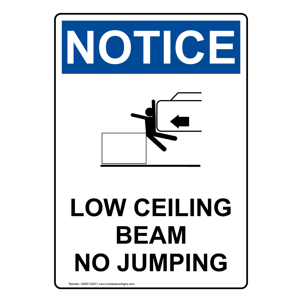 Portrait OSHA Low Ceiling Beam No Jumping Sign With Symbol ONEP-33071
