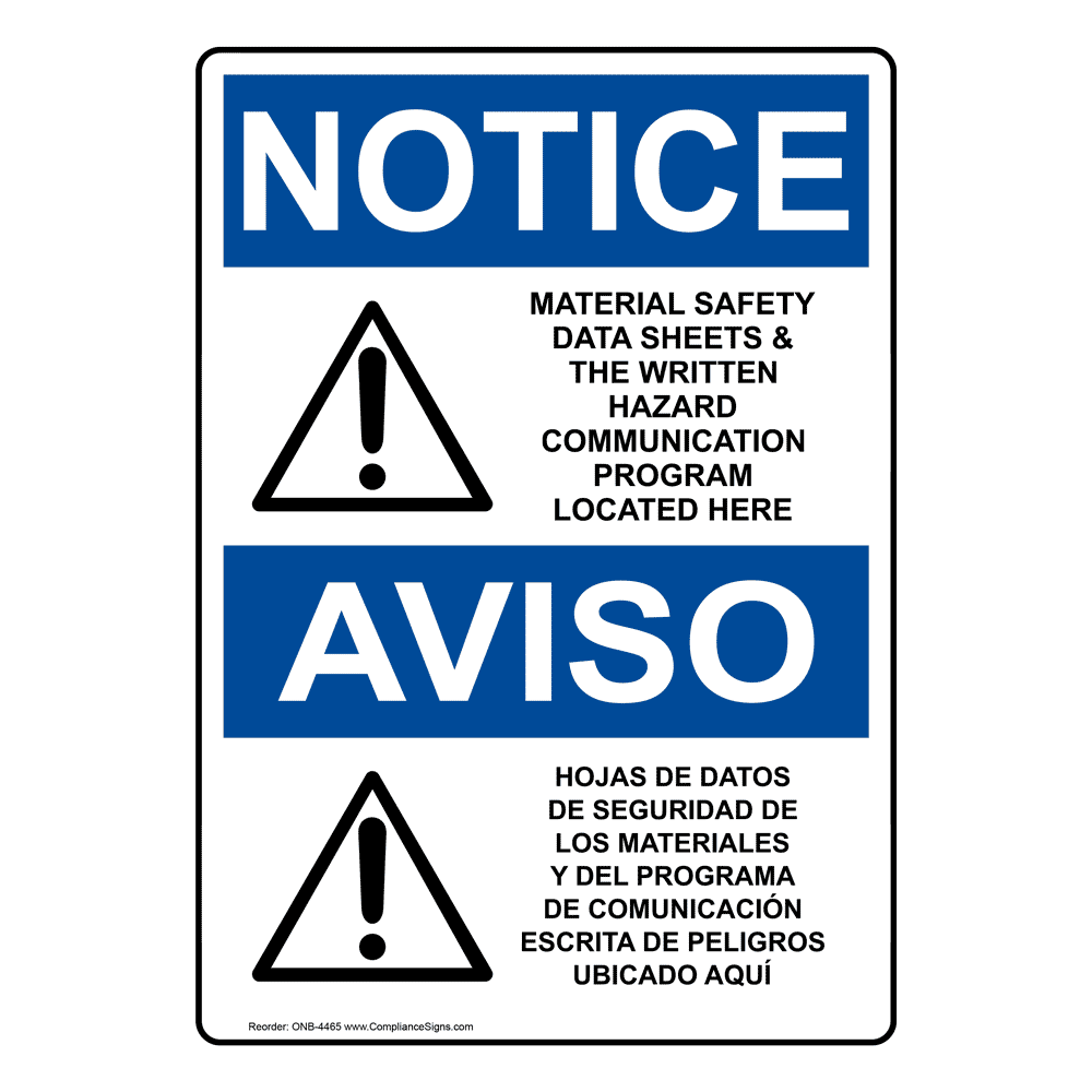 OSHA NOTICE Material Safety Data Sheets Hazard Bilingual Sign ONB 4465