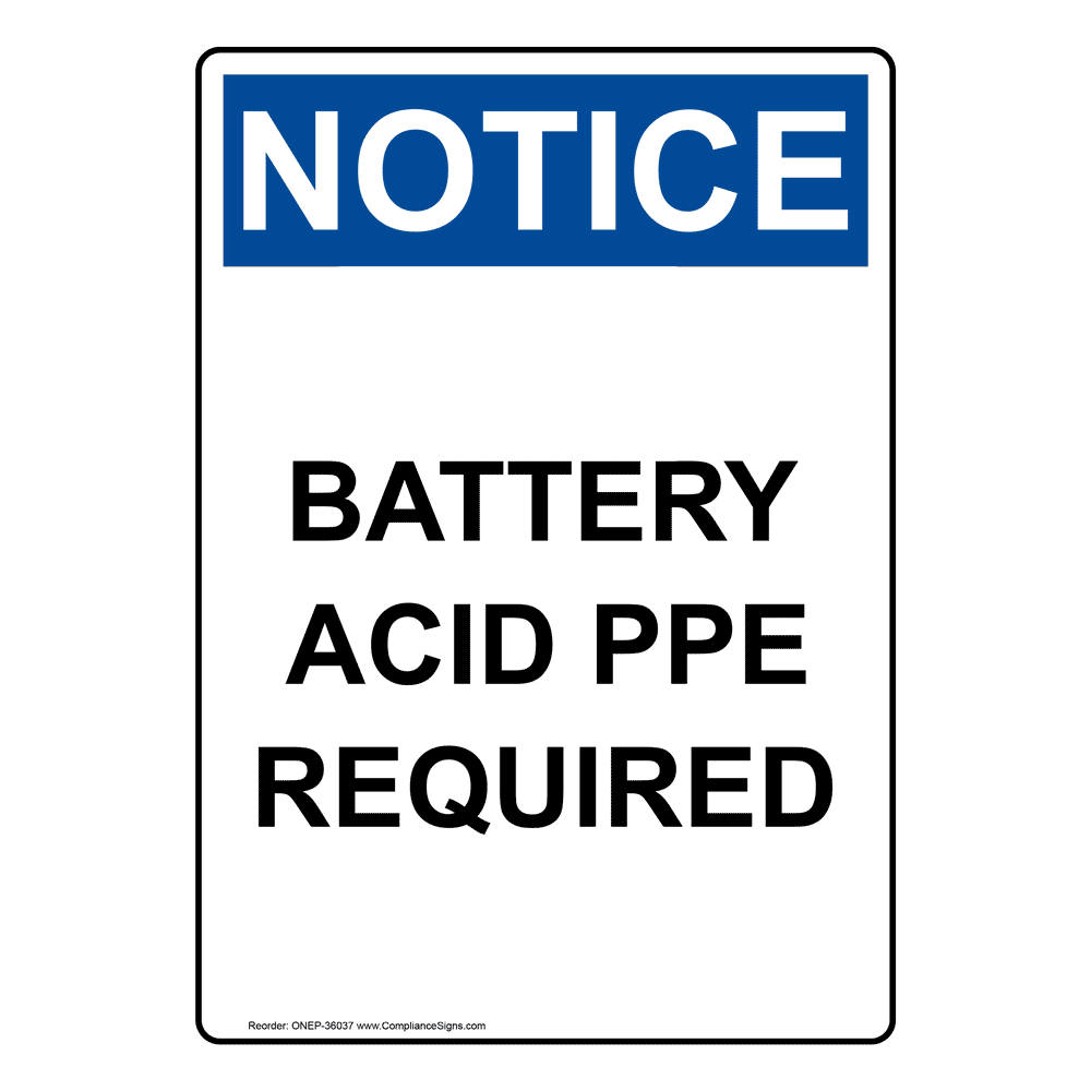 Portrait OSHA Battery Acid PPE Required Sign ONEP-36037