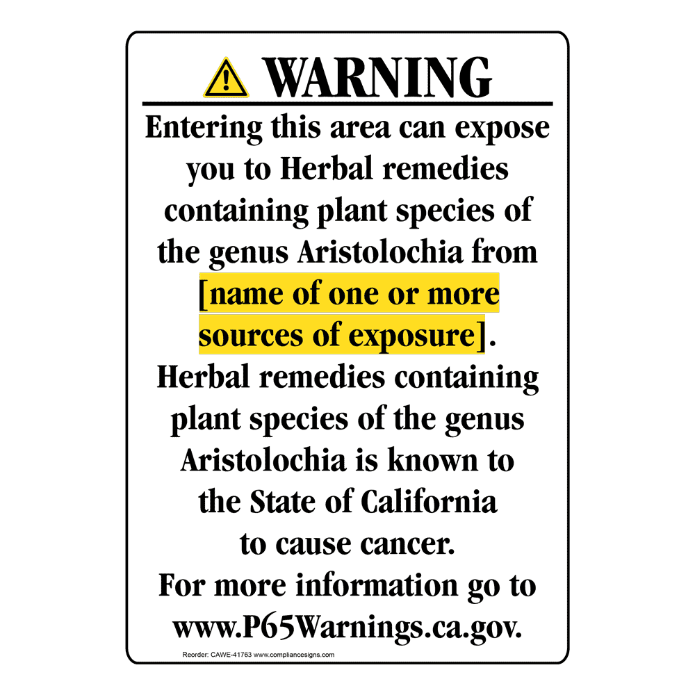 Portrait California Prop 65 Chemical Exposure Area Warning Sign CAWE-41763