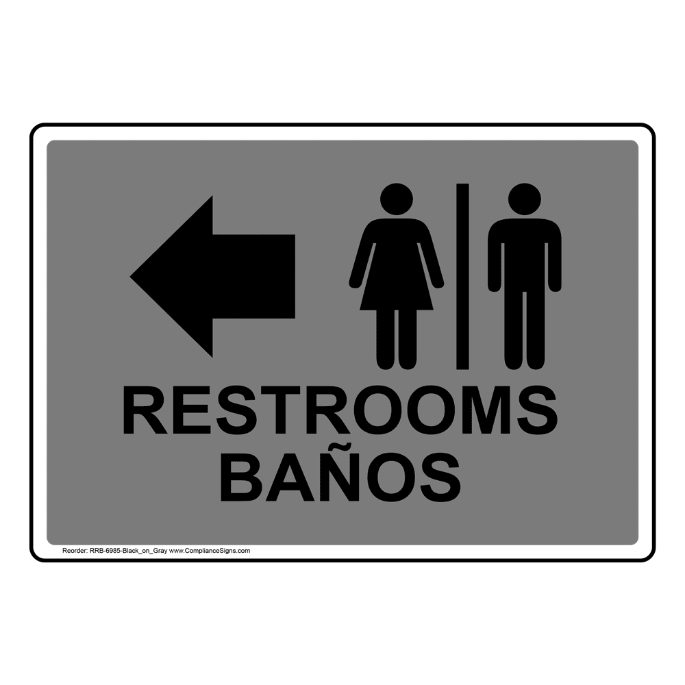 Gray Restrooms - Baños [Left Arrow] Sign With Symbol RRB-6985-Black_on_Gray