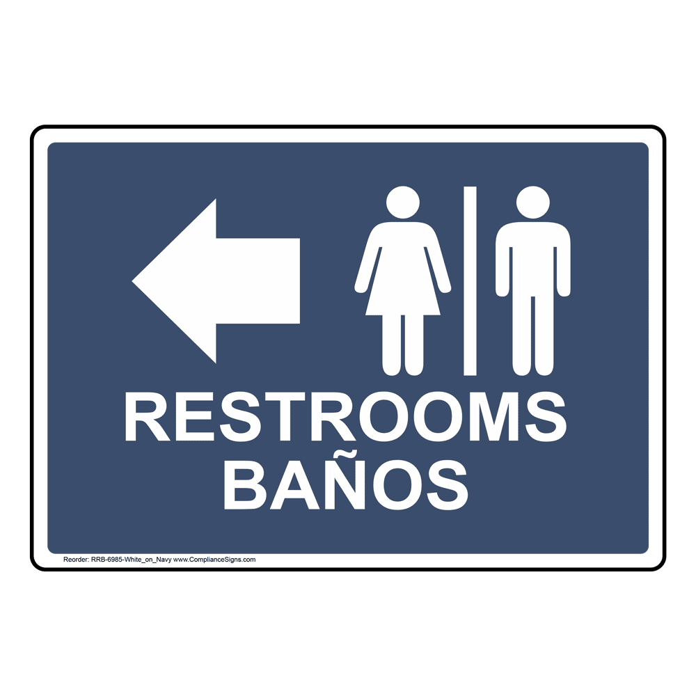 Navy Restrooms - Baños [Left Arrow] Sign With Symbol RRB-6985-White_on_Navy